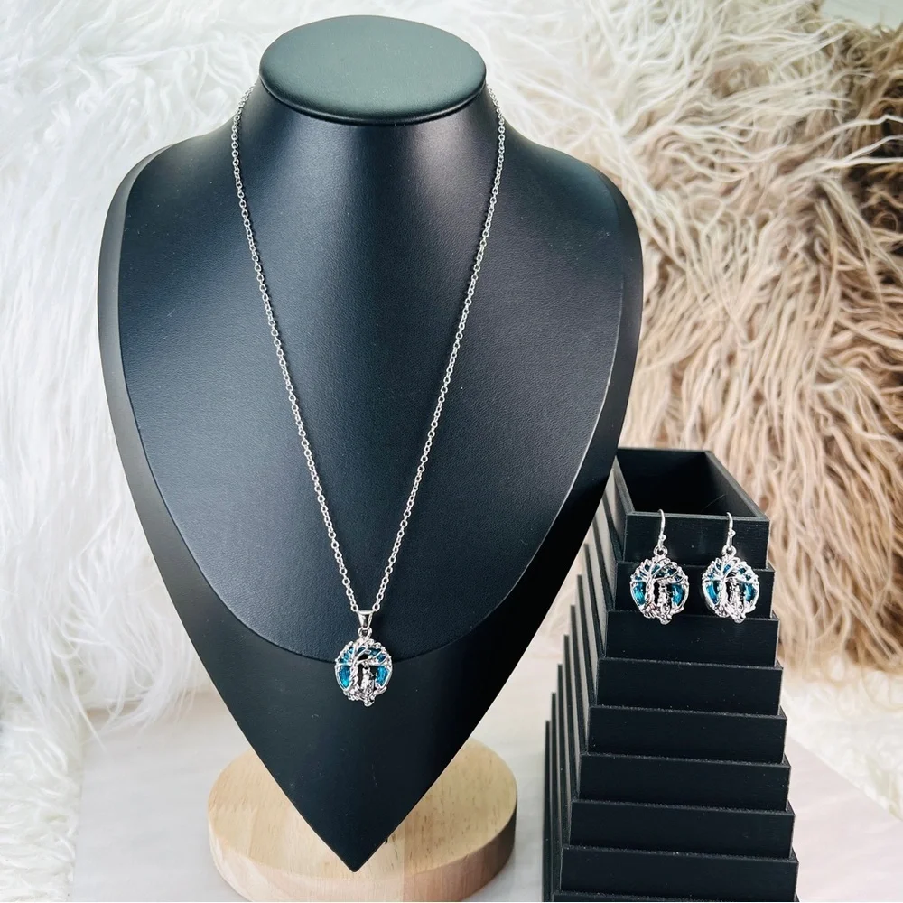 Jewelry | Silvertone And Blue Tree Of Life Pendant Necklace Earring Set ...